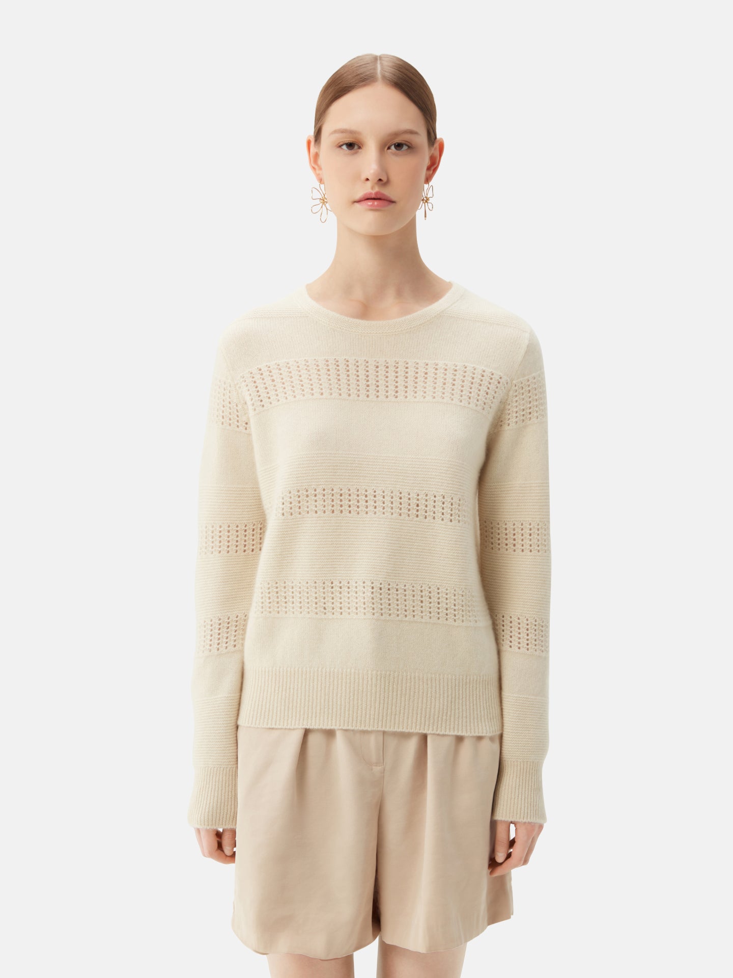 Women's Organic Colour Mixed Pattern Cashmere Crewneck Sweater White ...